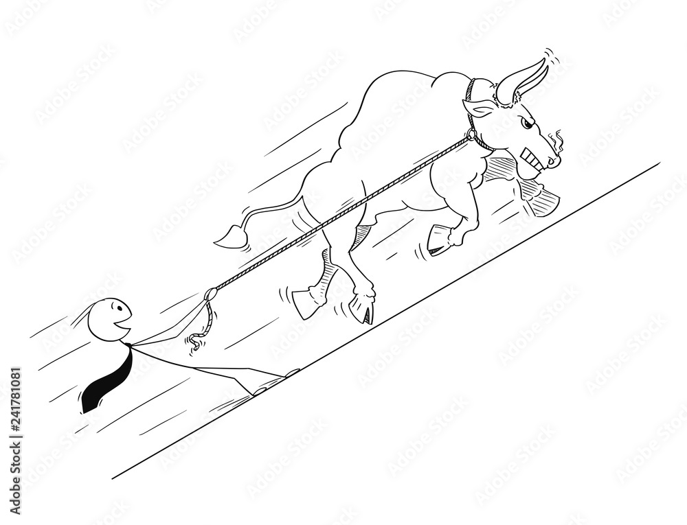 Cartoon stick drawing conceptual illustration of bull as rising market ...