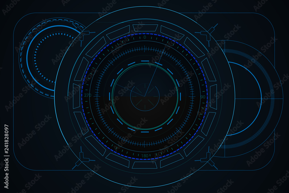 Digital blue radar with targets on monitor in searching. Futuristic ...