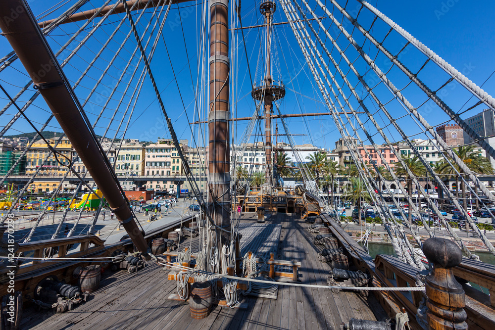 Historical replica of an old galleon, Porto Antico, Old Port of Genoa ...