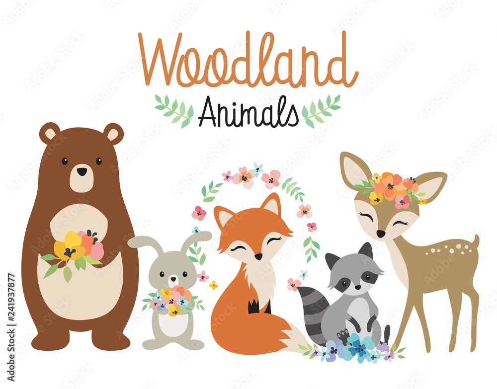 Cute woodland forest animals vector illustration including bear, bunny ...
