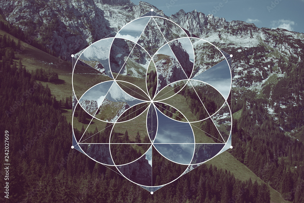 Geometric collage with the mountains and sacred geometry Stock Photo ...