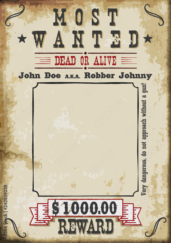 Most Wanted Poster $1000 dollar reward. A4 Sheet Proportions Stock ...