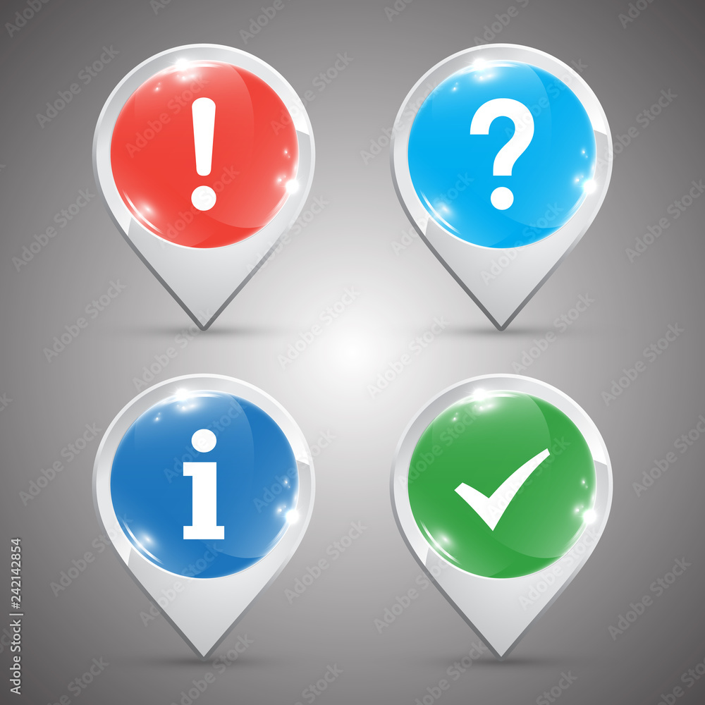 Location pin with Check Mark, Question Mark, Exclamation Mark and ...