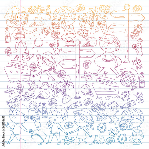 Happy children playing at seashore, beach, sea, ocean. Kids vacation ...