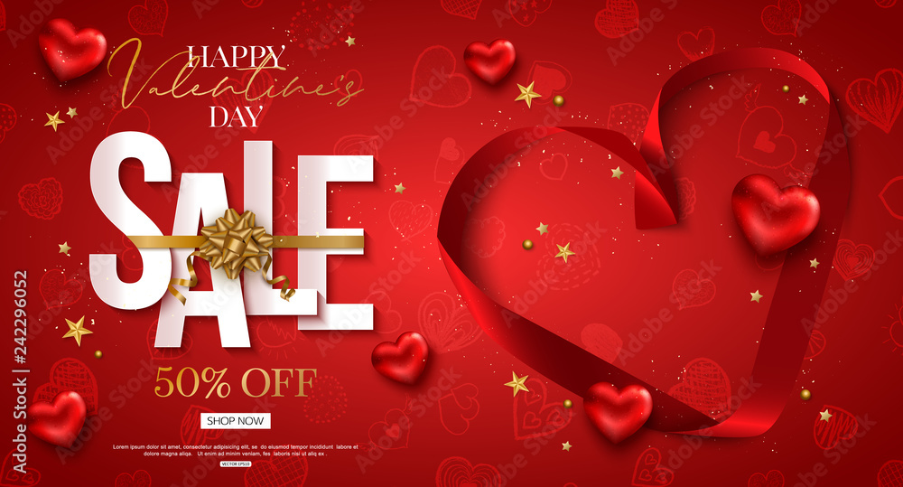 Valentines day sale design with red heart shape silk ribbon. Cut paper ...