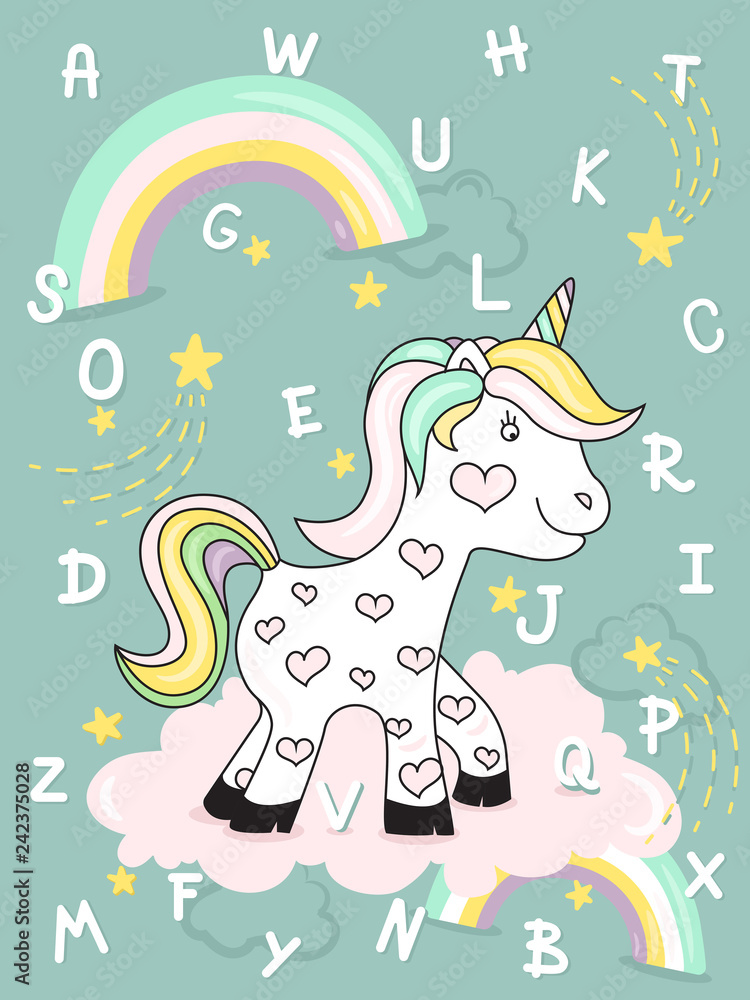 Cute English alphabet in vector with a picture of unicorn. Cartoon ...