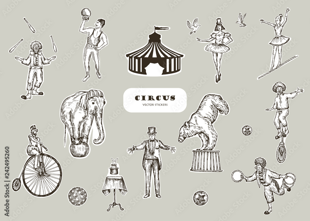 Retro circus performance set sketch stile vector illustration. Hand ...