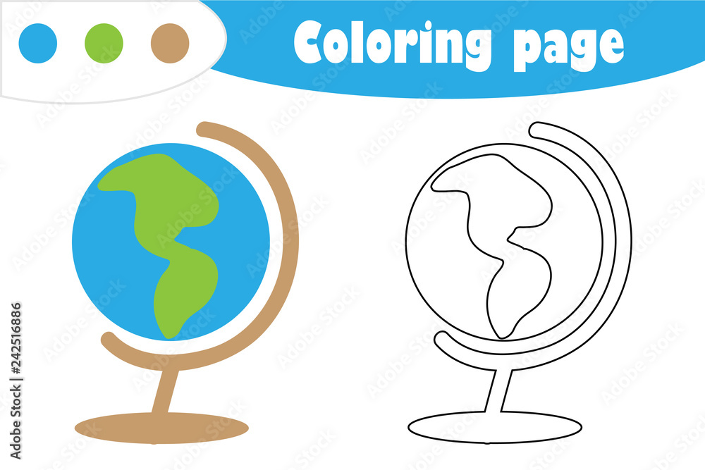 Globe in cartoon style, coloring page, education paper game for the ...