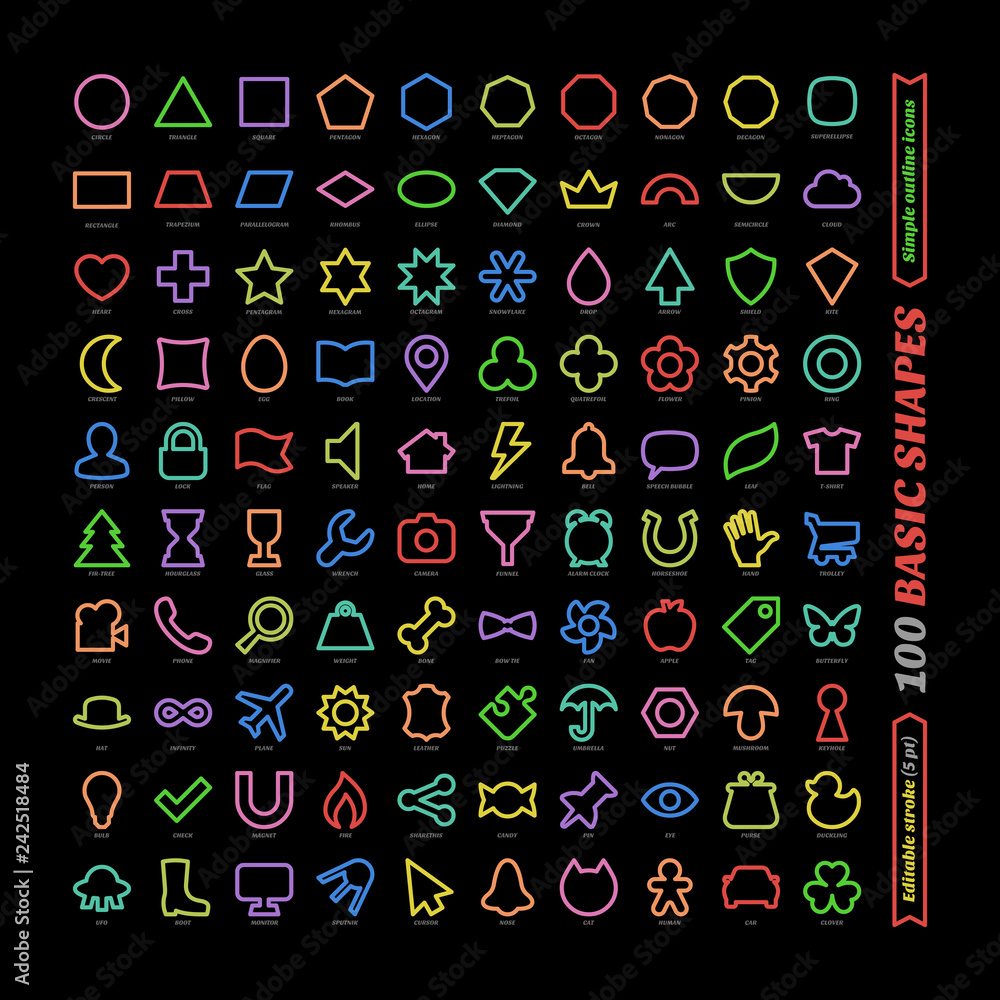 Large set editable stroke basic colorful outline shapes. Color thin ...