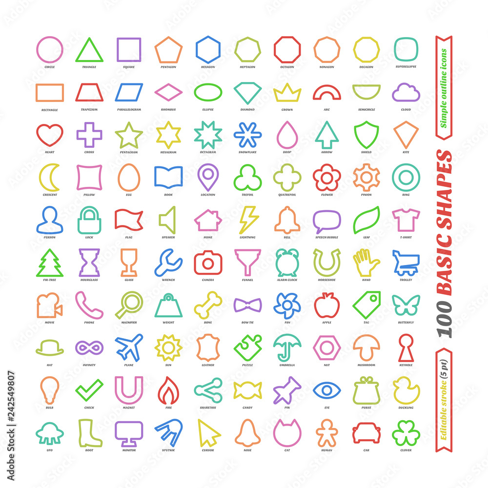 Vektor Big editable stroke basic colorful outline shapes set. Color ...