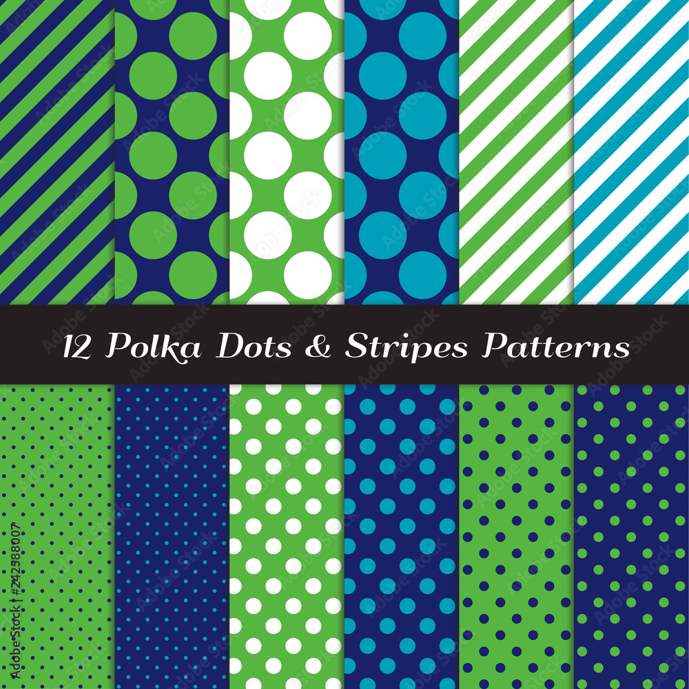 Green, Navy, Blue and White Mixed Polka Dots and Candy Stripes Seamless ...