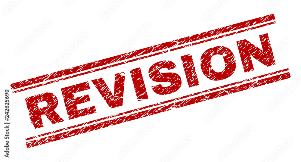 REVISION seal print with distress texture. Red vector rubber print of ...