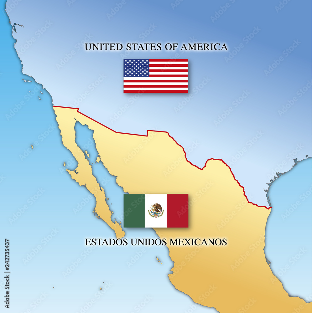 Usa and Mexico border map with national flags Stock Vector | Adobe Stock