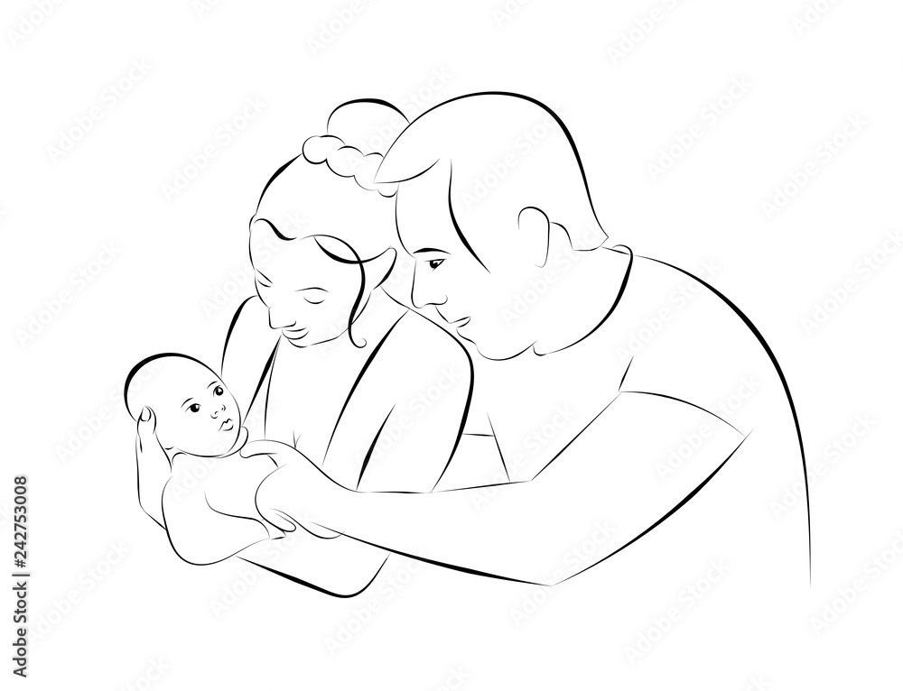 Contour drawing, family: mother, father and newborn baby,vector ...