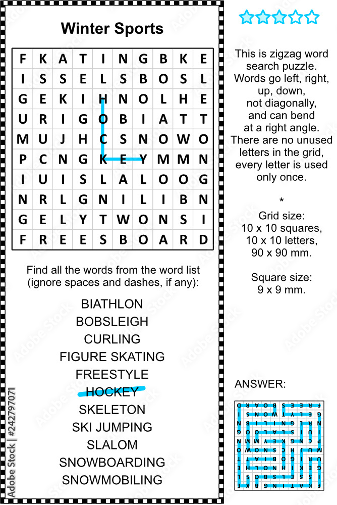 Winter sports themed zigzag word search puzzle (suitable both for kids ...