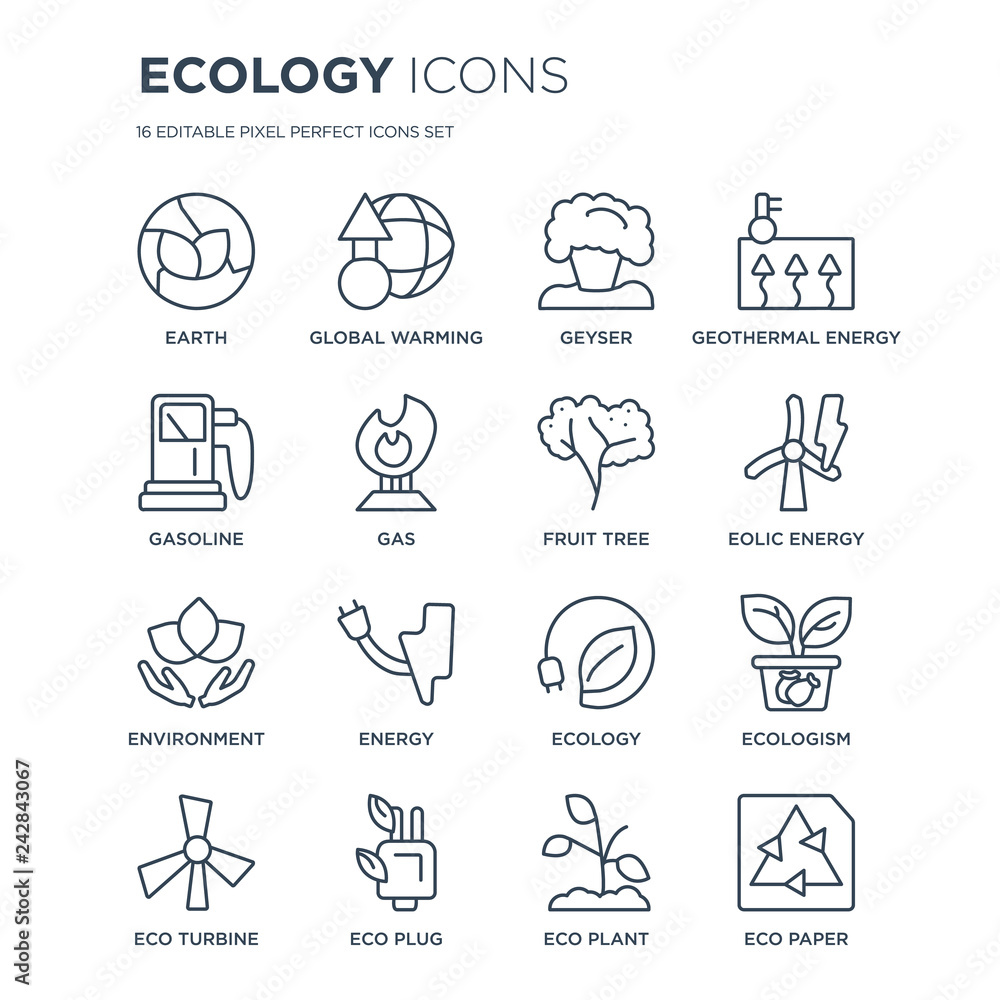 16 linear Ecology icons such as earth, Global warming, eco Plug, Turbine, Ecologism, Paper ...