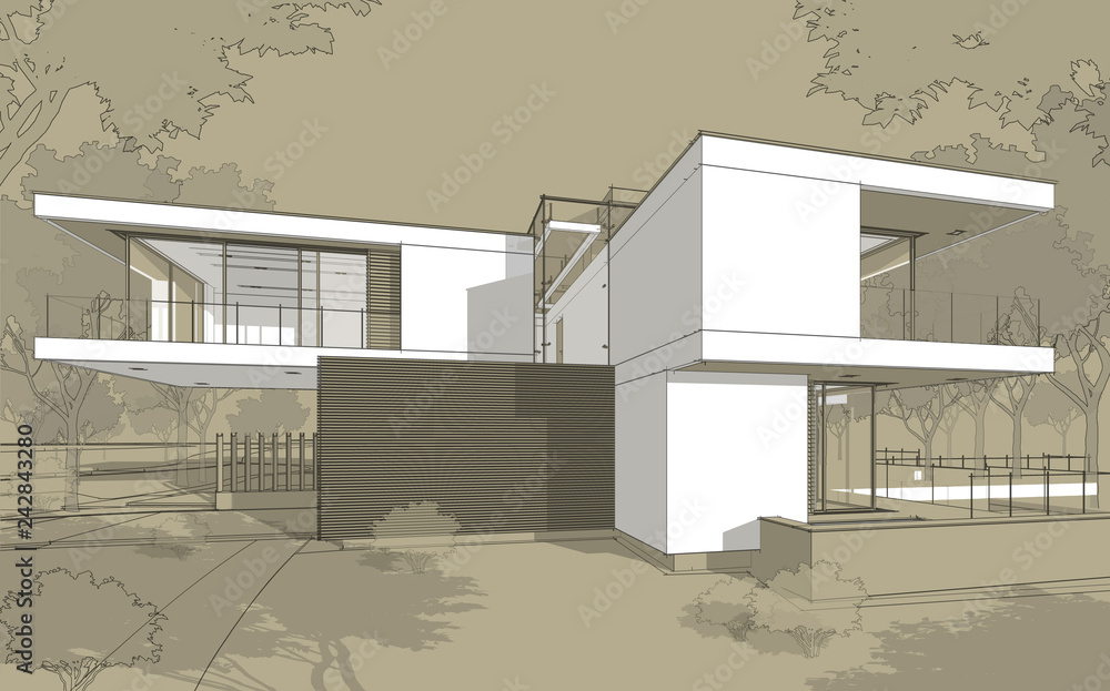 3d rendering sketch of modern cozy house with garage for sale or rent ...