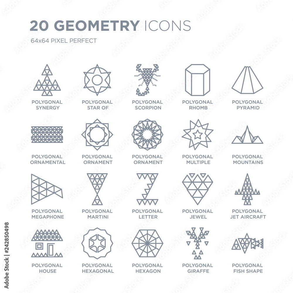 Collection of 20 Geometry linear icons such as Polygonal synergy shapes ...