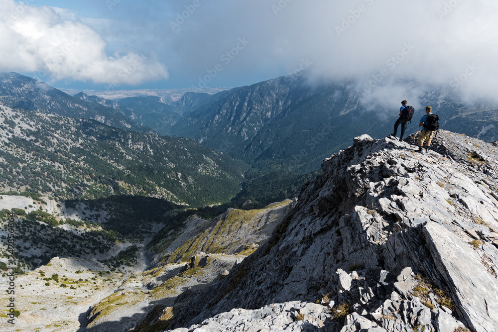 Distant view of Enipeas Gorge on Mount Olympus, the highest mountain of ...