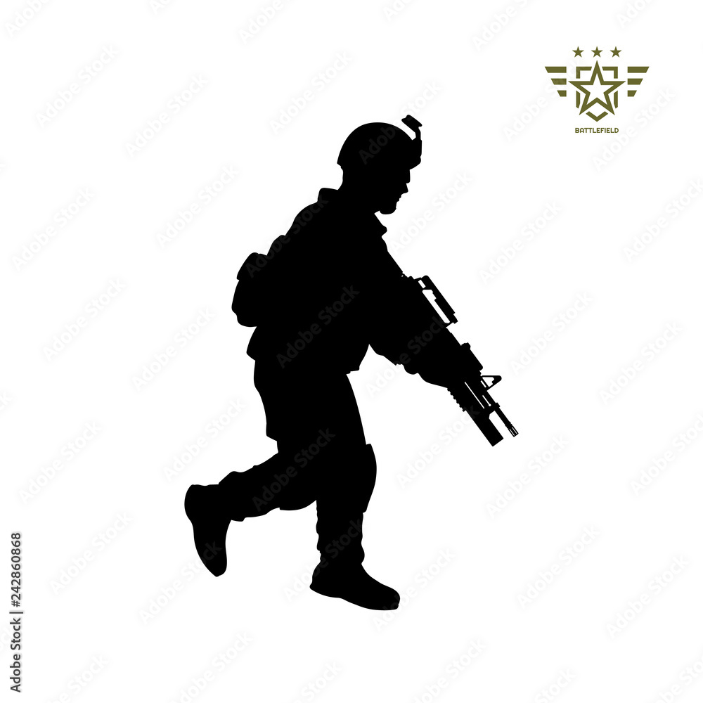 Black silhouette of running american soldier. USA army. Military man ...