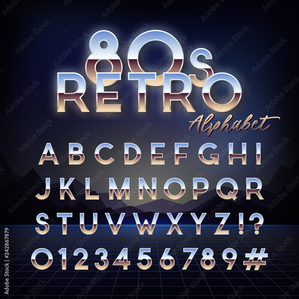 Shiny 80s retro alphabet. Futuristic english font. Vector typeface ...