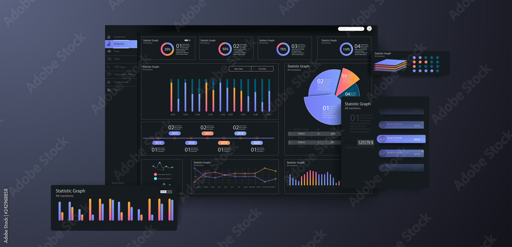 Infographic dashboard template with flat design graphs and charts ...