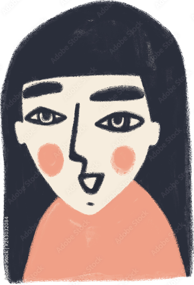 Cute smiling asian girl with black hair and orange cheeks. Hand drawn ...