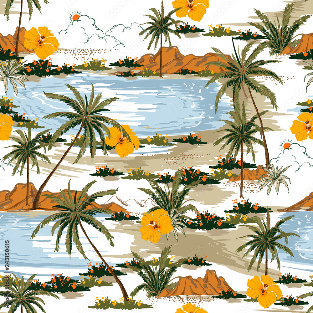 Summer Aloha seamless island pattern vector. Landscape with palm trees ...