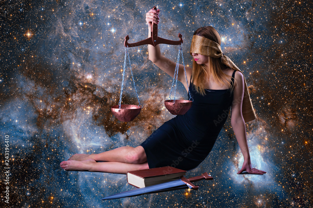 Foto de Stock Zodiac sign Libra, presented by a beautiful girl among space galaxies. Intersects ...