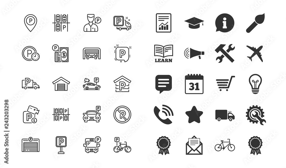 Parking line icons. Set of Garage, Valet servant and Paid parking ...