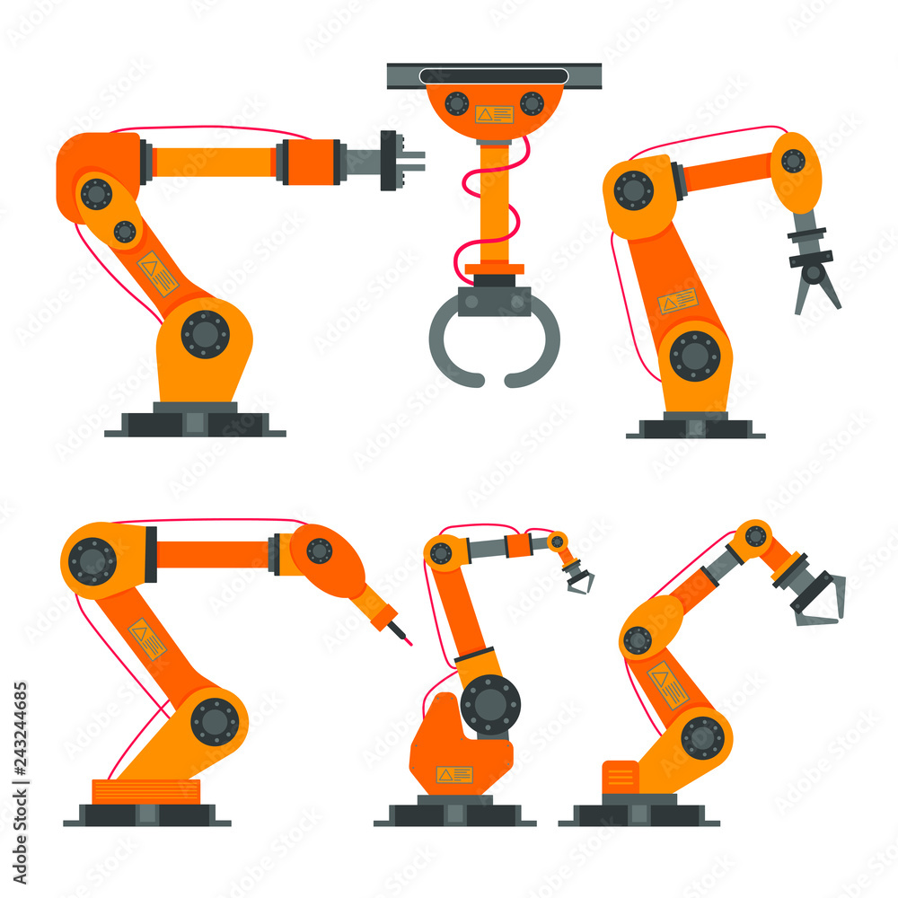 6 Robotic arm flat style design vector illustration icons signs set collection isolated on white ...