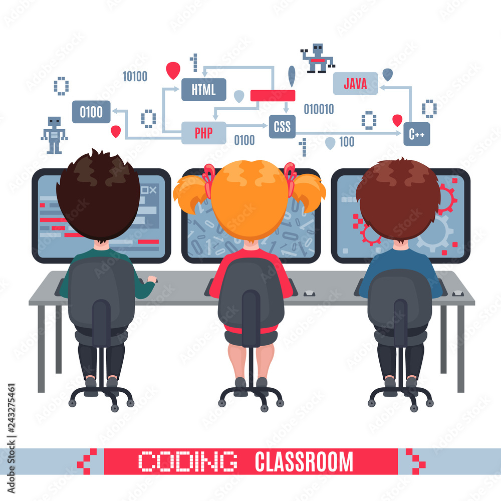 Kids learn coding on laptops in school. Stock Vector | Adobe Stock
