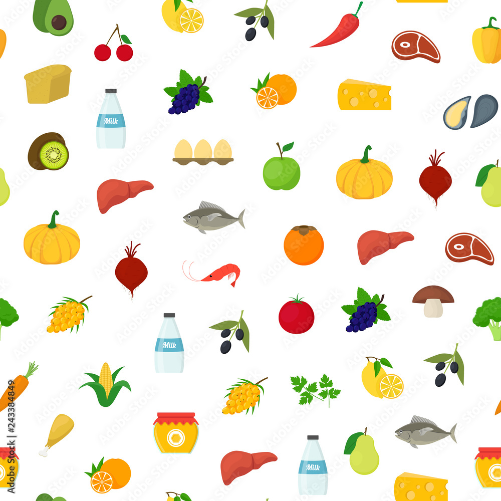 Cartoon Healthy Food Signs Seamless Pattern Background. Vector Stock ...