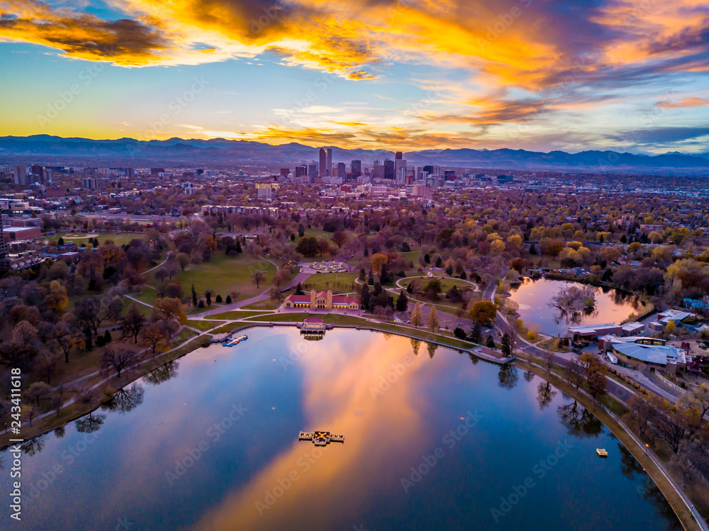 Beautiful Drone Sunset from above City Park in Denver, Colorado Stock ...