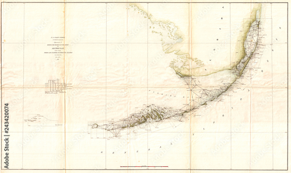 Old Triangulation Map of the Florida Keys, 1859, U.S. Coast Survey ...