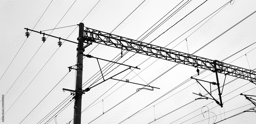 High voltage lines. Electrical wires of the railway. Stock Photo ...