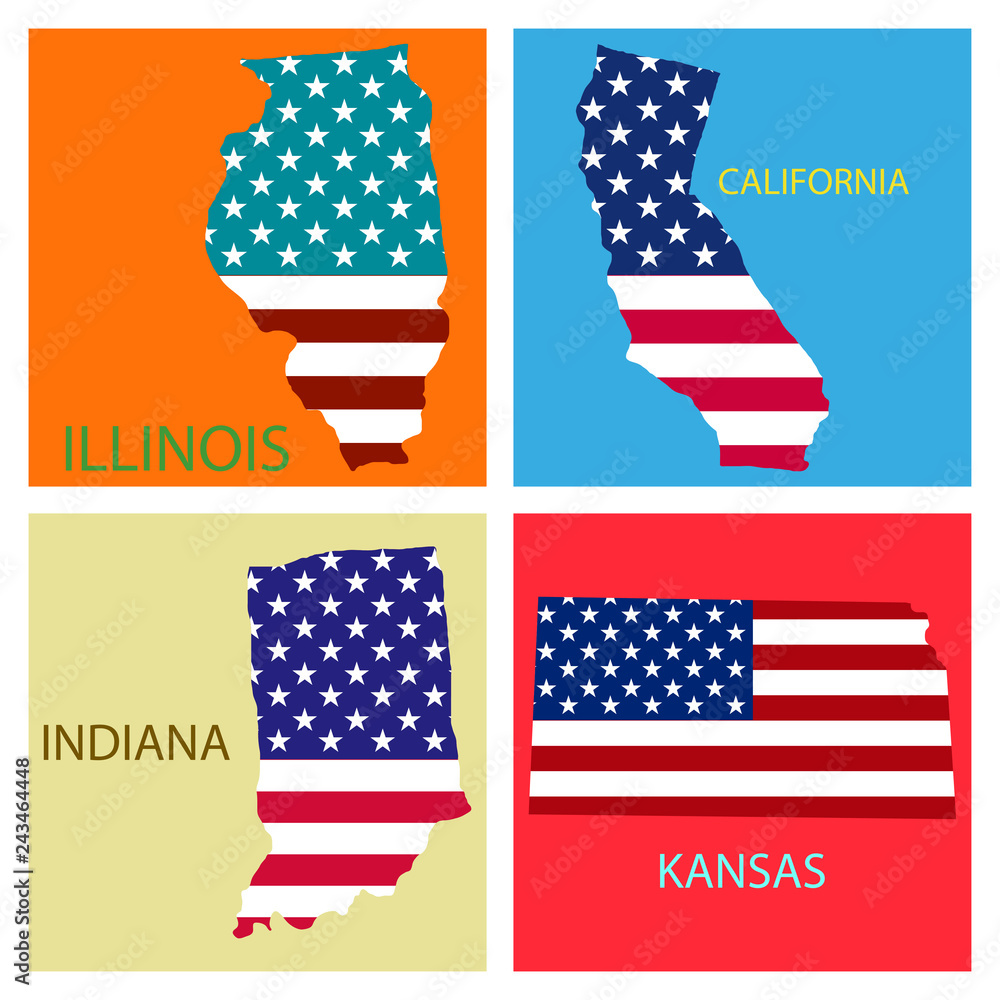 Poster map of United States of America with state names. Flag print map ...