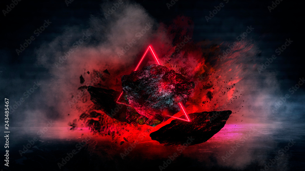 Abstract background with comet explosion. Dark room with smoke, burning ...