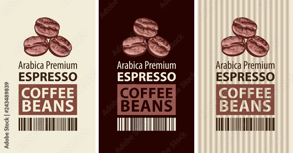 Vector set of coffee bean labels. Coffee labels with three coffee beans ...