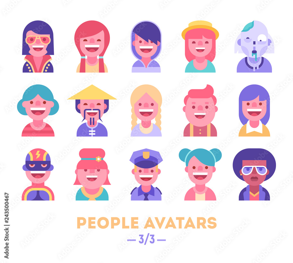 Set of vector avatars. Different skin tones, clothes and hair styles ...