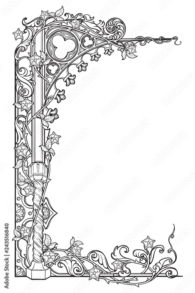 Medieval manuscript style rectangular frame. Gothic style pointed arch ...