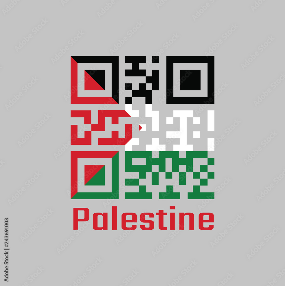 QR code set the color of Palestine flag, a horizontal tricolor of black ...