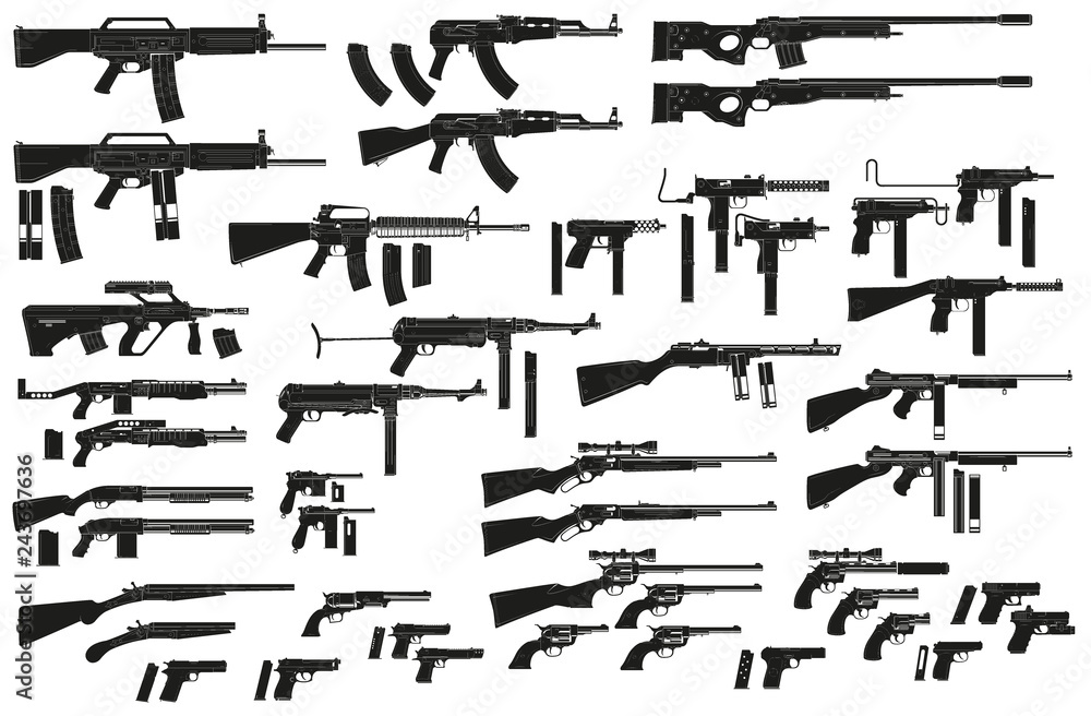 Graphic black detailed silhouette pistols, guns, rifles, submachines ...