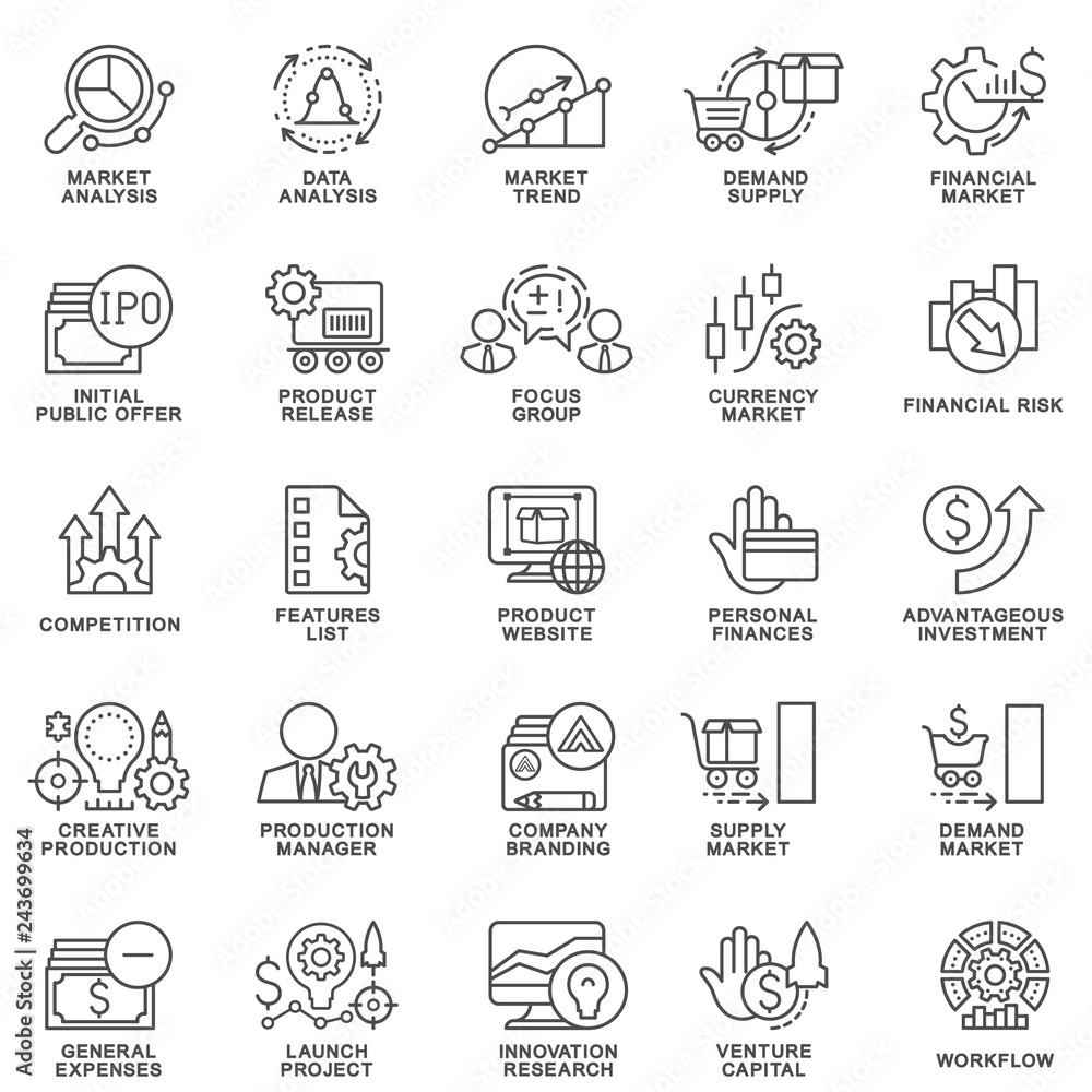 Icons of business management and financial market trends. Creation ...