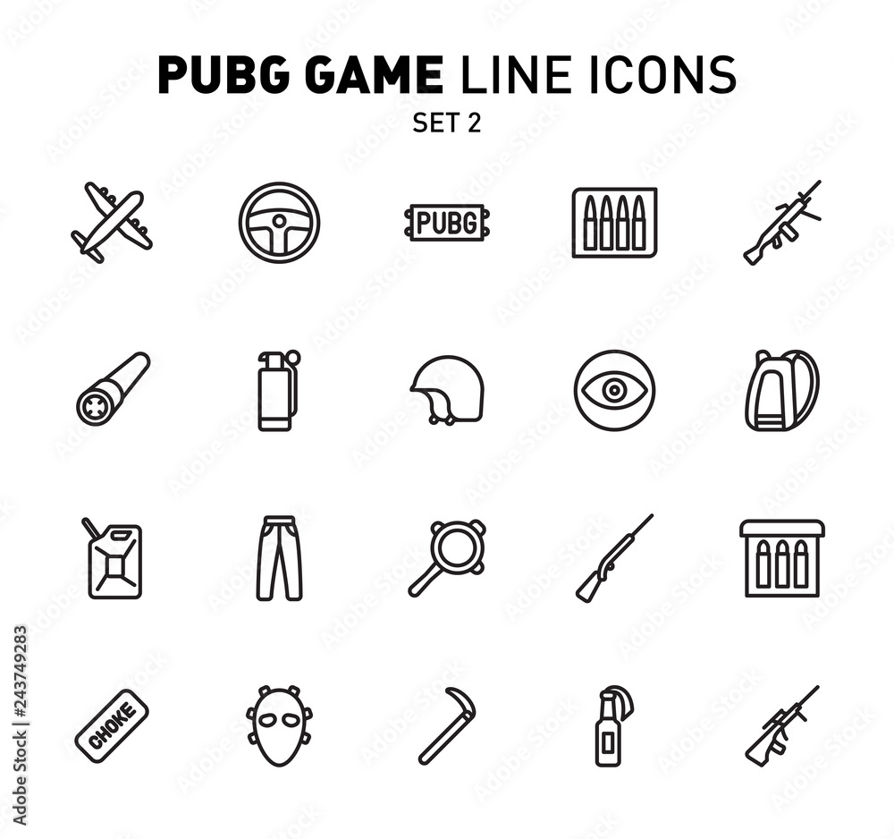 PUBG game line icons. Vector illustration of combat facilities. Linear ...
