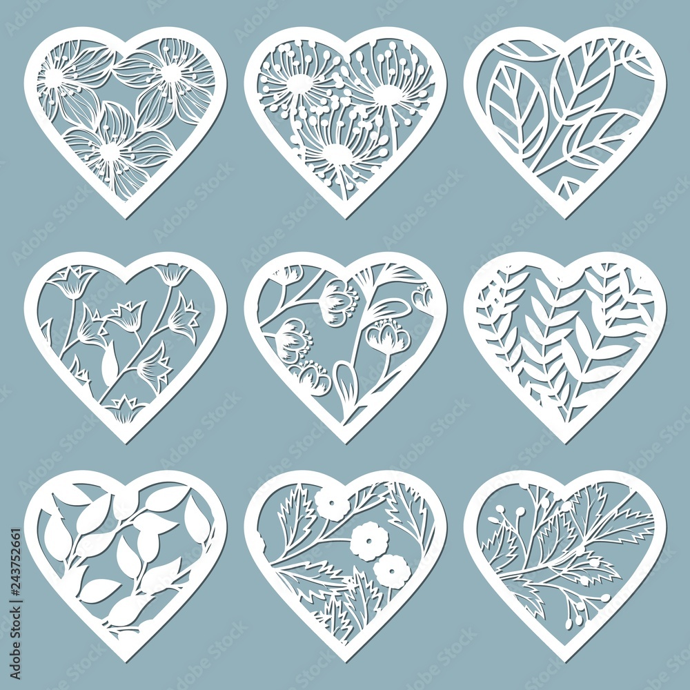 Set stencil hearts with flower. Template for interior design ...