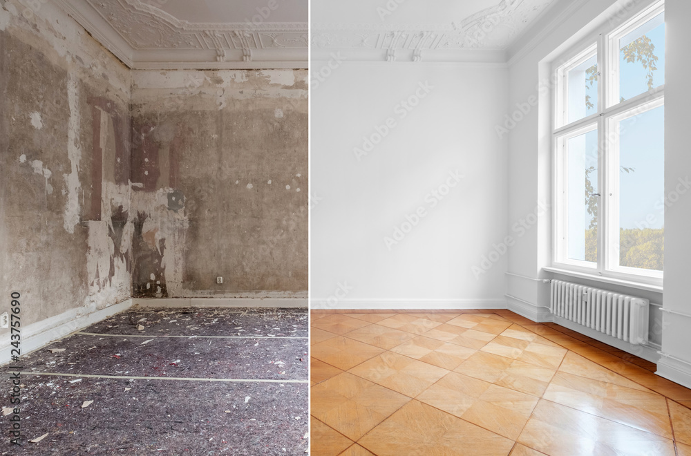 apartment room during renovation, before and after restoration ...