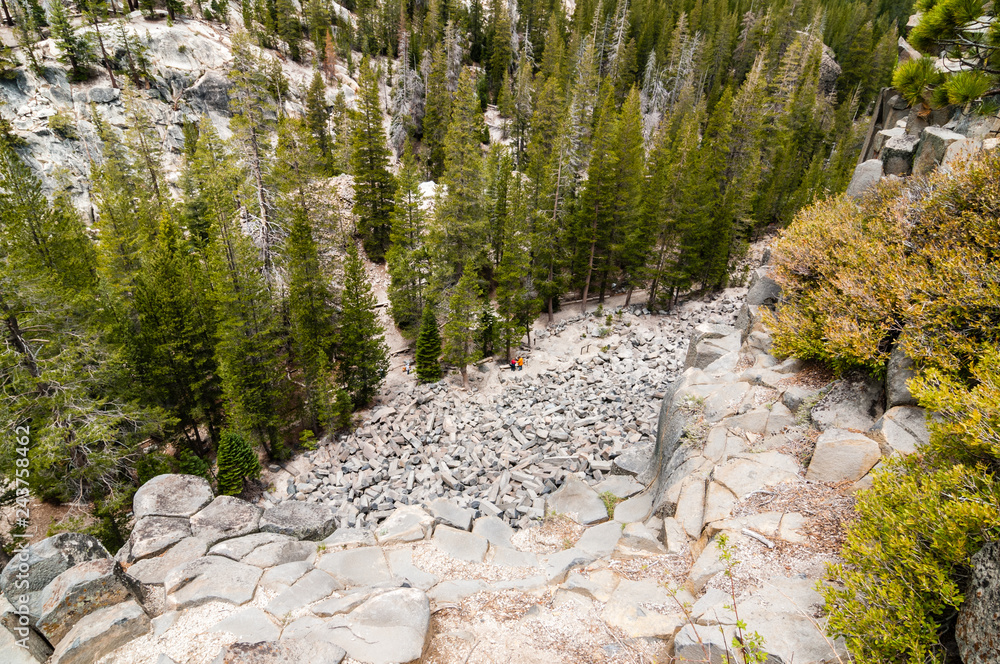 Hexagon basaltic columns seen from the top of Devils Postpile National ...