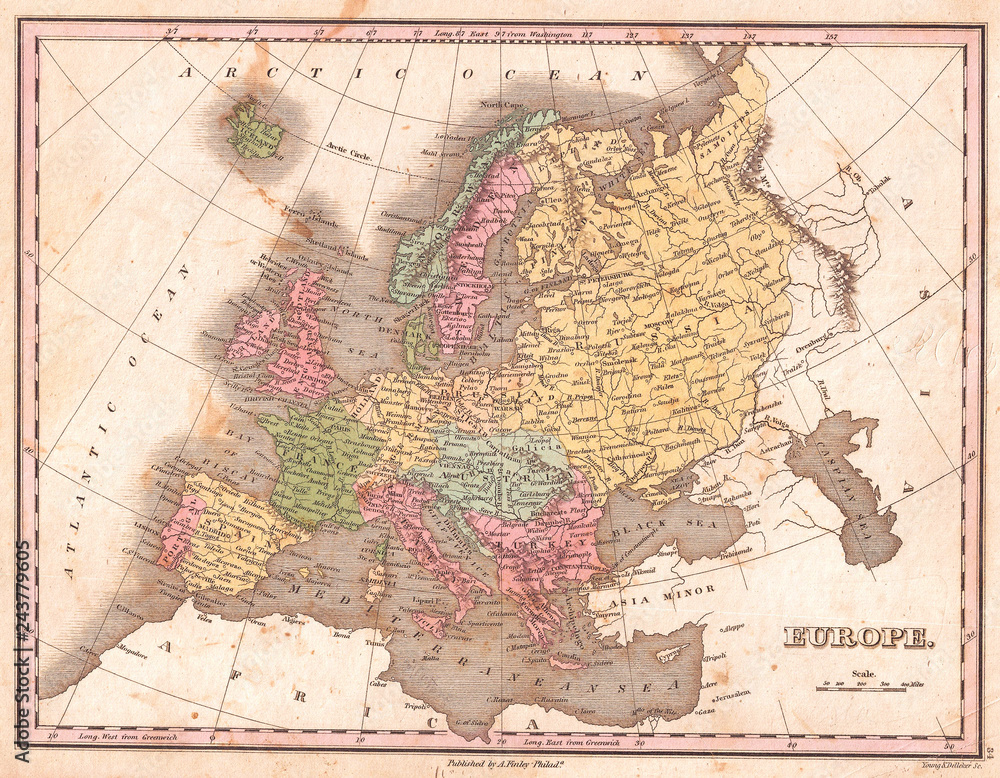 1827, Finley Map of Europe, Anthony Finley mapmaker of the United ...