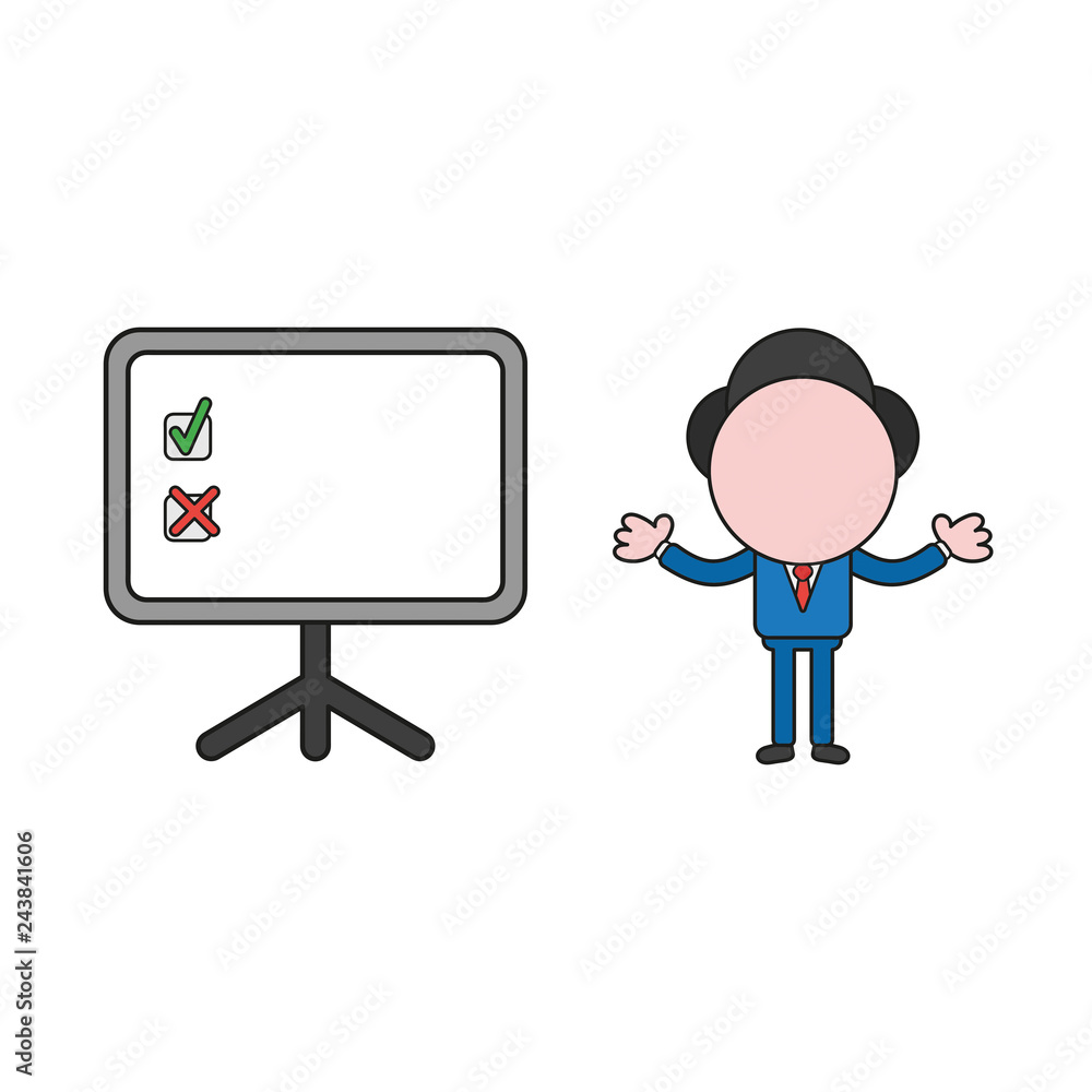 Vector businessman character and presentation chart with check and x ...
